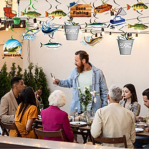 60Pcs Gone Fishing Party Supplies Fishing Birthday Party Decorations Fishing Banner Ceiling Streamers Fish Paper Signs Fishing Party Decorations Fish Hanging Swirl Paper Cutouts for Fishing