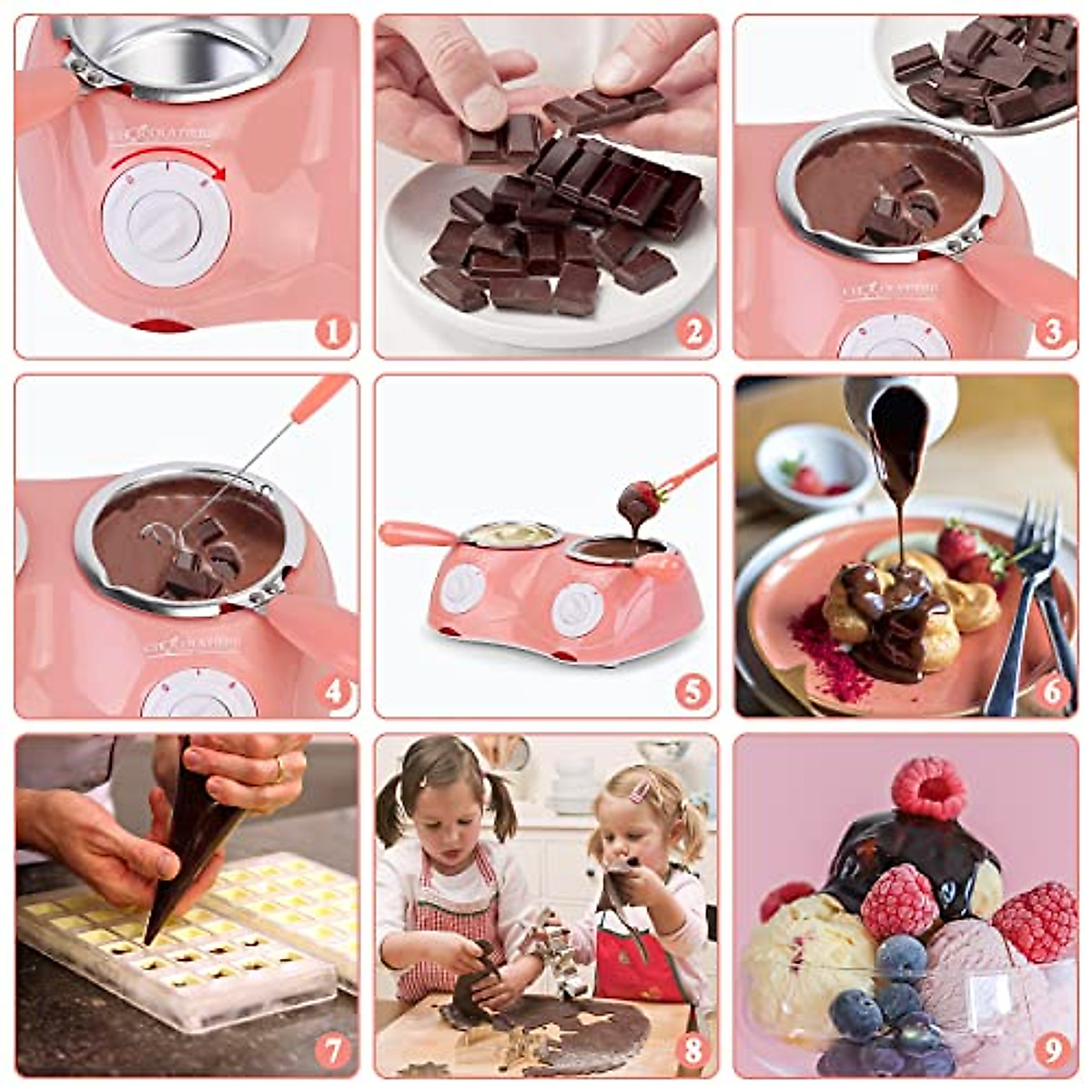 Outamateur Chocolate Melting Pot Electric Chocolate Fondue Mini Fondue Candy Maker with Double Melting Pot for Milk Chocolate,Cheese,Butter,Candy (Pink)