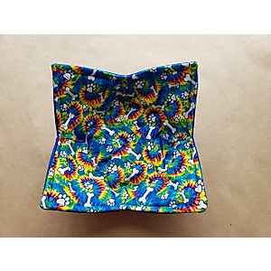 Tie Dye Dog Bone Paw Print Microwave Bowl Cozy Hippie Puppy Reversible Microwaveable Potholder Bowl Buddy BoHo Bohemian Puppy Kitchen Linens Handmade Housewarming Hostess Gifts Under 10