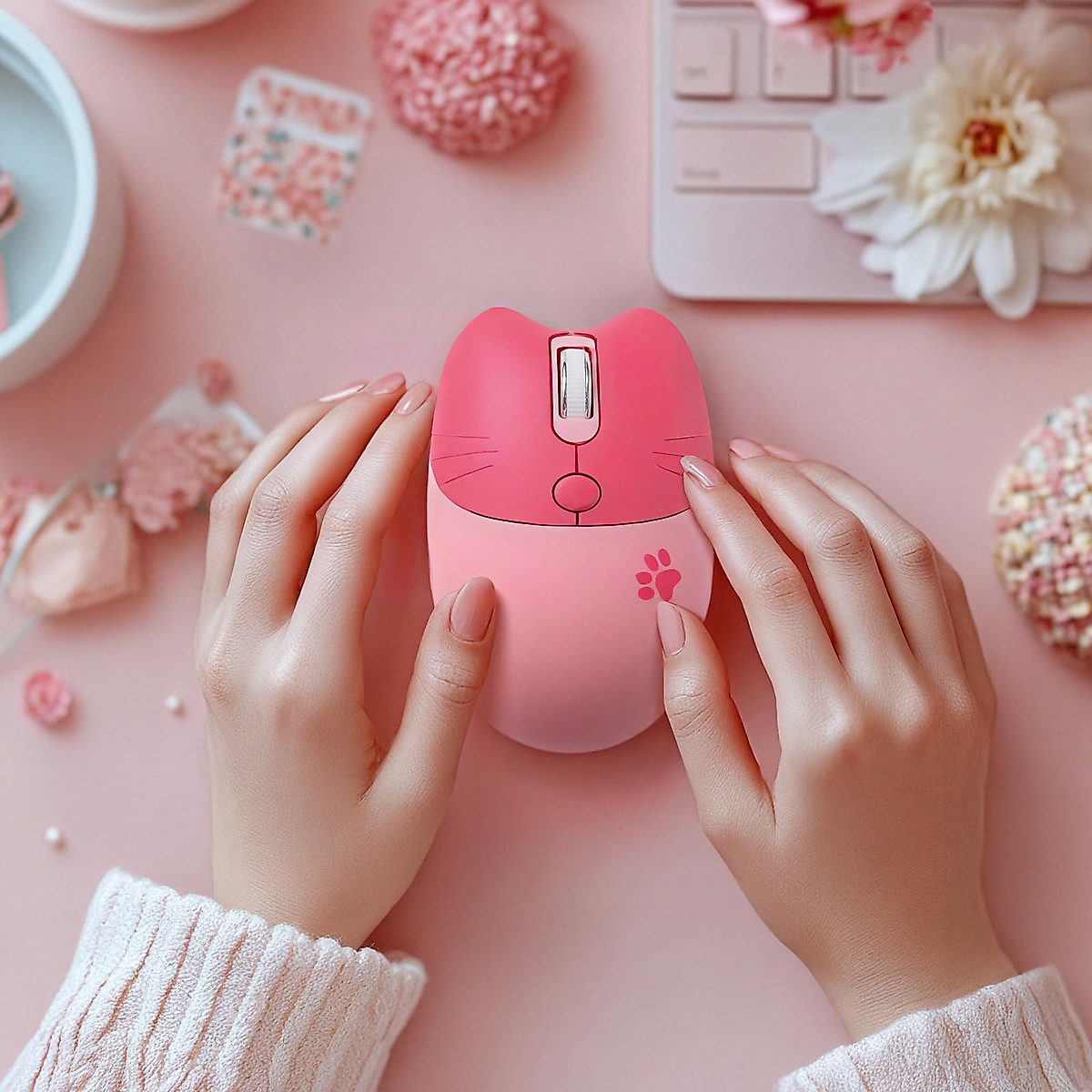 Lomiluskr Cute Cat Wireless Mouse, Lightweight Soundless Mouse, 2.4G Wireless Mice, Candy Colors, Kawaii Mouse for Girls and Kids (Pink)