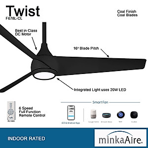 MINKA-AIRE F678L-CL Twist 52" Ceiling Fan with LED Lights and Remote Control, Coal