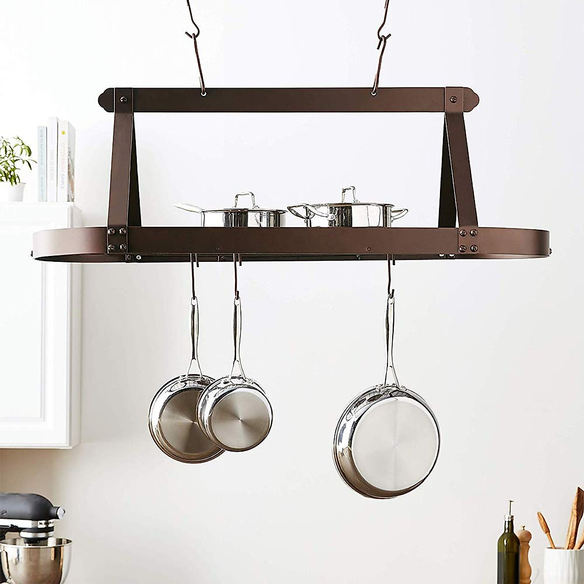 Old Dutch Oval Hanging Pot Rack with Grid & 24 Hooks, Satin Nickel, 48 x 19 x 15.5