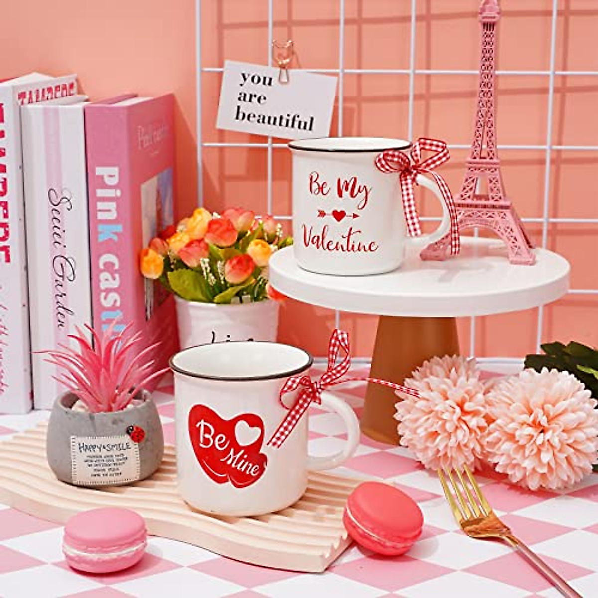 Whaline 6Pcs Valentine's Day Mini Coffee Mug with Ribbon Red Heart Mini Mug Love Be My Valentine Tiered Tray Decor for Valentine's Day Anniversary Table Centerpieces Decoration