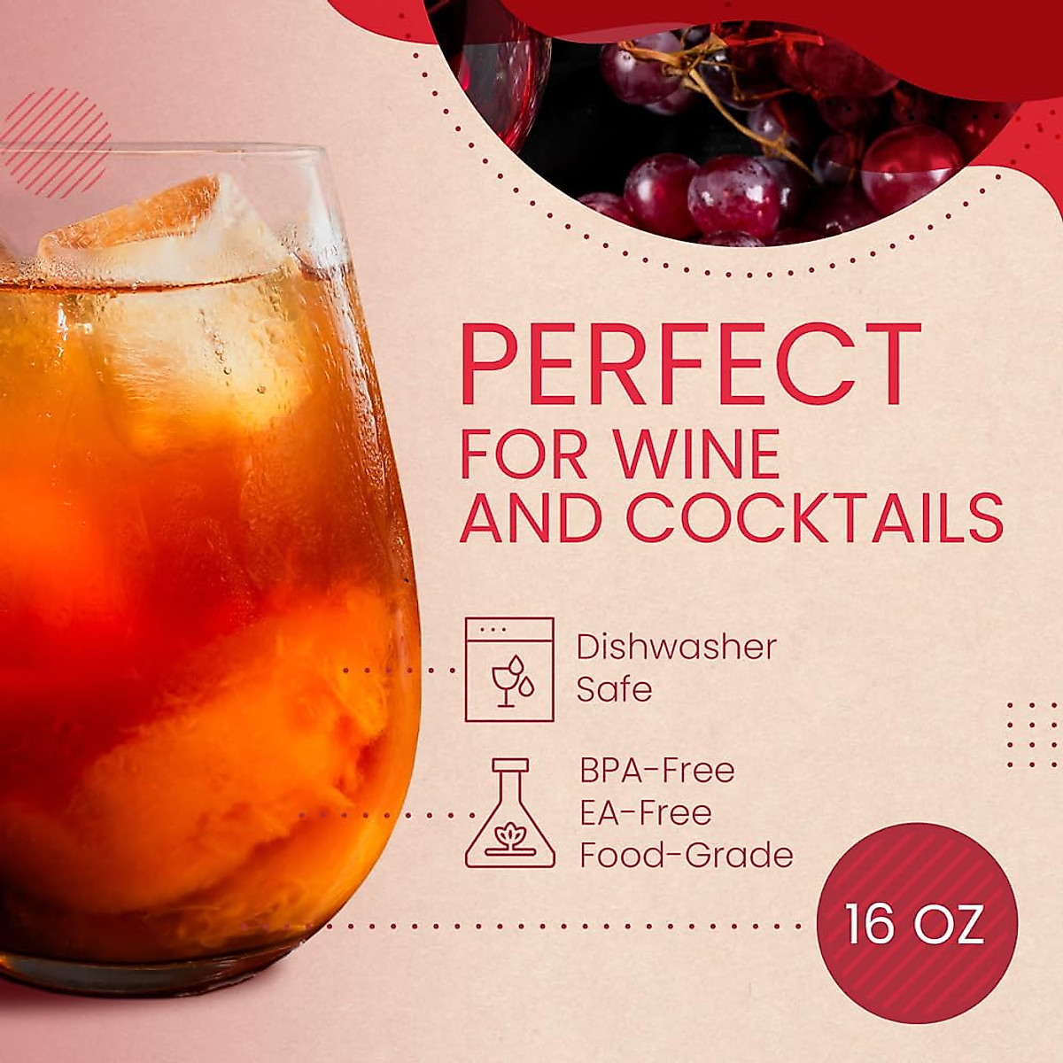 YO BISTRO Unbreakable Stemless Wine Glasses | Set of 12 | 100% Tritan Shatterproof Plastic | 16 Oz | Dishwasher Safe