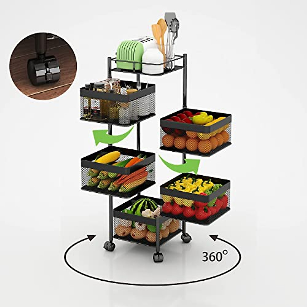xinyourui Rotating Kitchen Storage Shelves Rack，Bathroom Organizer Metal Shelf，Fruit Basket for Kitchen，Rolling Cart with Wheels，Spice Drawer Organizer(Black, 5 Tier-Square)