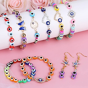 Evil Eye Bracelet Making Kit, Acejoz Bracelet Making Kit with Evil Eye Beads, Evil Eye Charms, Clay Beads, Gold Beads, Glass Seed Beads and Elastic String for Bracelets