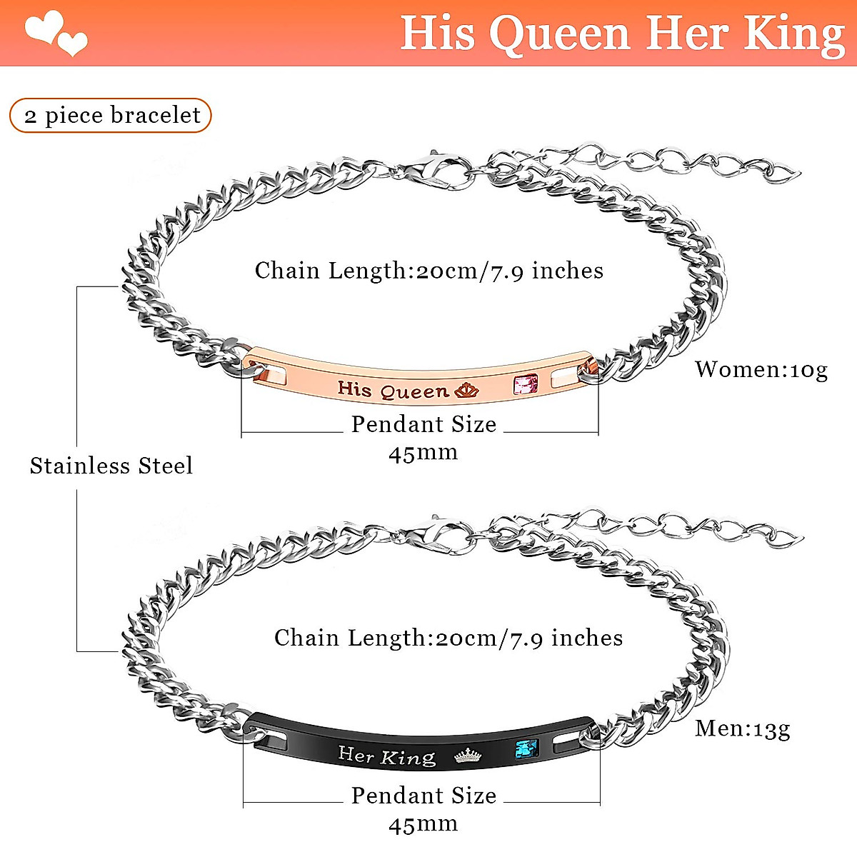 6 Piece Her King His Queen Necklace Bracelet Couple Necklace Bracelet Keychain Set for Valentines Jewelry Gift