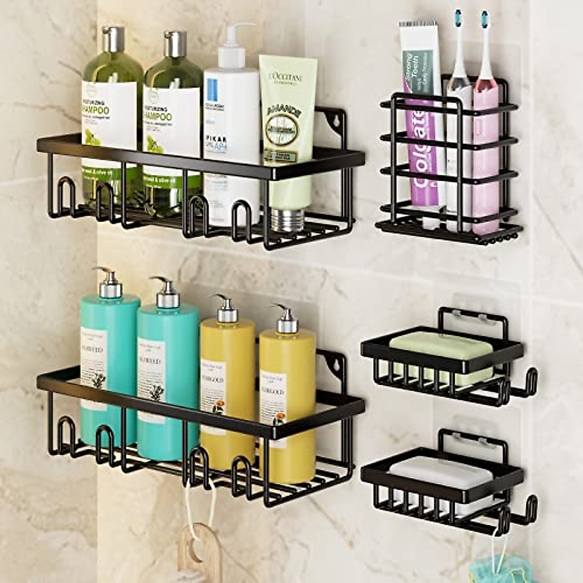 Bomtss Shower Caddy, Self Adhesive Shower Shelves, 5-Pack Bathroom Shower Organizer, Shower Rack Storage, Wall Mounted Shower Shelf for Inside Shower Accessories, First Apartment Essentials, Black
