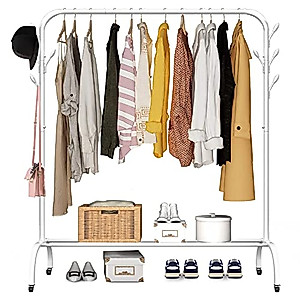 HILI Clothing Garment Rack with Wheels, Metal Clothes Stand Rack with Shoe Storage Rod, Sturdy Steel Frame Coat Rack for Indoor, Laundry, Bedroom(White)