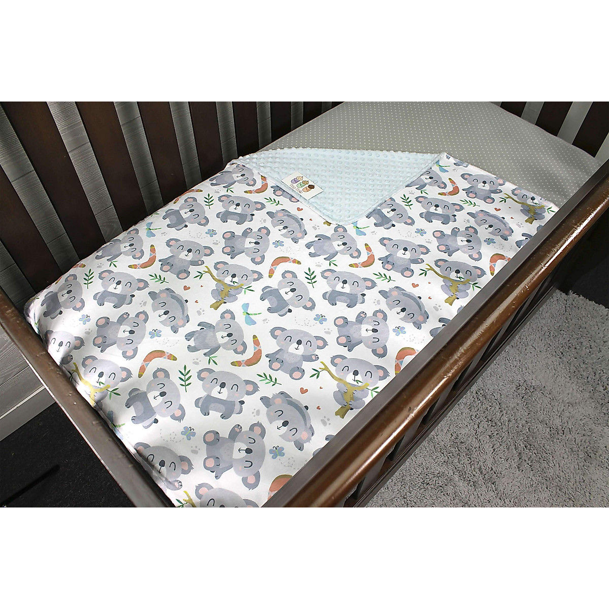 Top Tots Baby Blanket - Baby Koala Bears & Butterflies with Light Blue Minky Dot