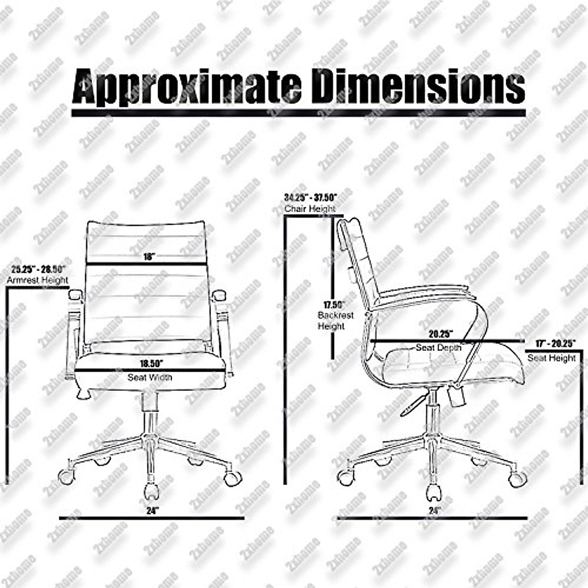 2xhome Brown Modern Mid Century Modern Contemporary Mid Back Ribbed PU Leather Swivel Tilt Adjustable Chair Executive Manager Office Conference Room Work Task Computer Ribbed Desk Chrome Wheels Arms