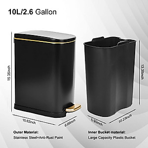 CEROELDA Slim Bathroom Trash Can with Lid-10L/2.6 Gal Stainless Steel Step Garbage Can-Metal Pedal Wastebasket with lid-Rectangle Narrow Waste Bin for Kitchen Office Bedroom Toilet-Soft Close-Black
