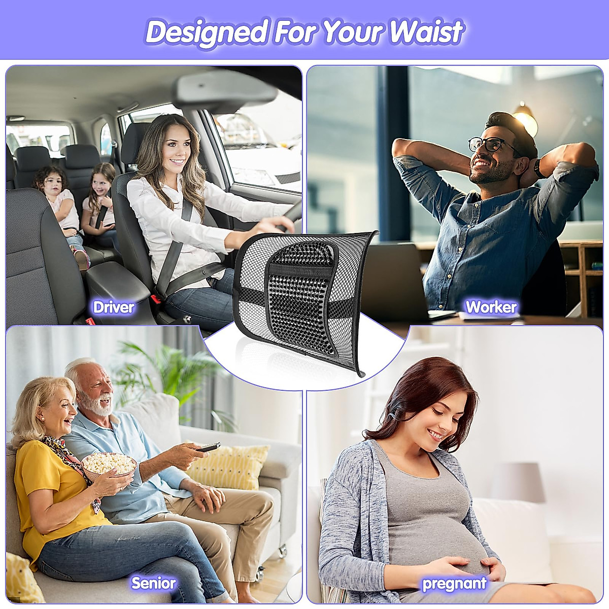 Car seat Lumbar Support Mesh Lumbar Support Seat Back Lumbar Support Lumbar Support Breathable Back Support Pads for Car Home and Office Chairs (Black 2-Pack)