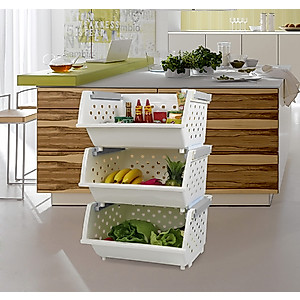 Hommp 3-Pack Plastic Stackable Storage Basket, White Stacking Organizer Basket