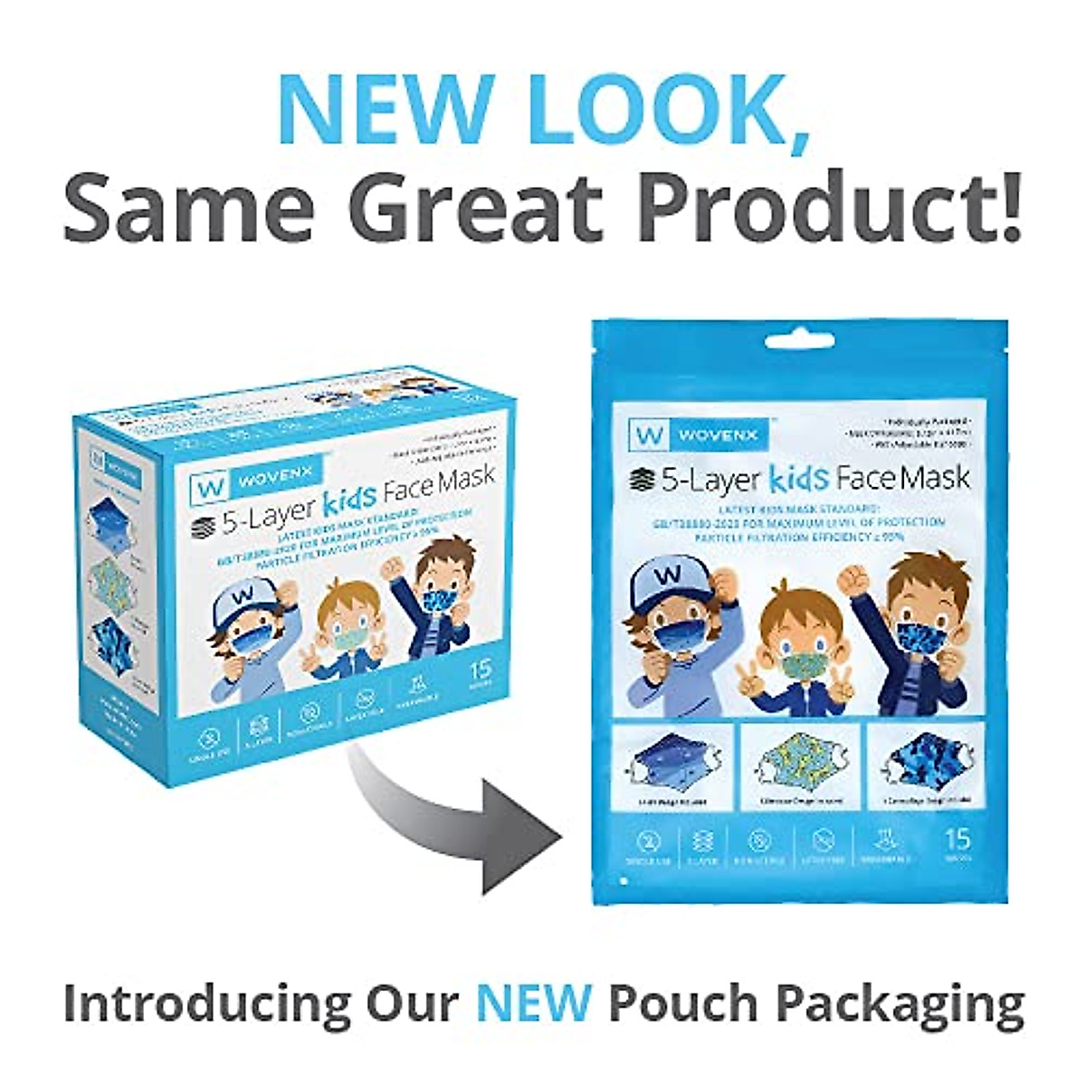 wovenx - FDA Registered, 5 Ply, Kids Face Masks 15 Pack, With Adjustable Earloops, Individually Packaged, Disposable, (Boys Masks: Dinosaur, Fishes, Camouflage)