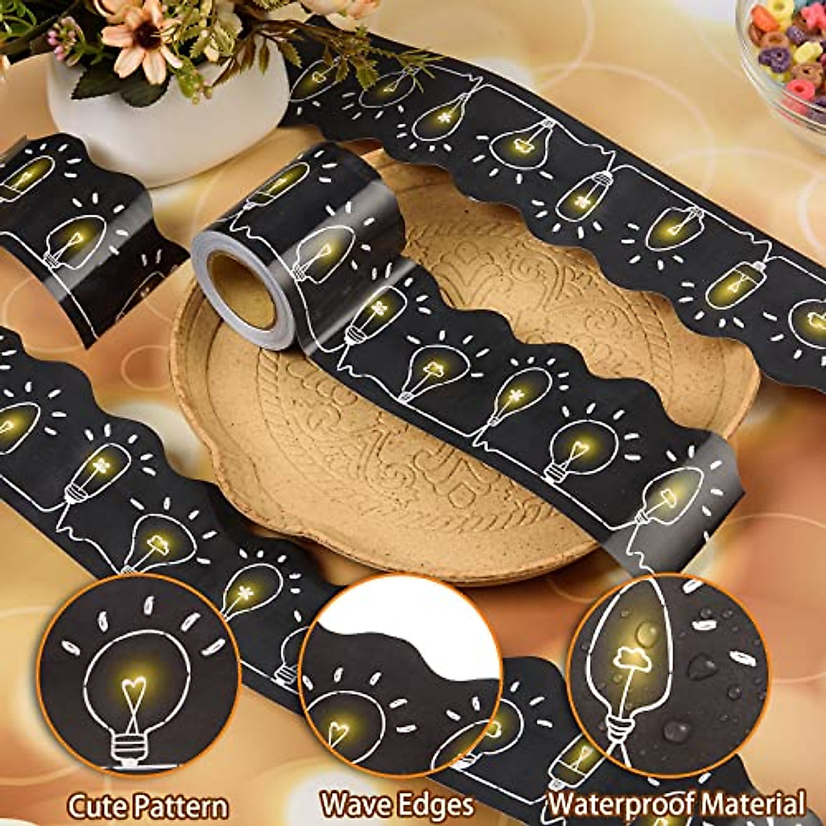 99 Feet Bulletin Board Border, 3 Rolls Light Bulbs Scalloped Borders Trim Card Stock Lightbulbs Classroom Bulletin Board Border Trim for Back to School Chalkboard Whiteboard Decorations
