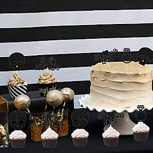 24Pcs Gothic Engagement Cupcake Toppers He Asked She Said Yes Cupcake Toppers Black Glitter Heart Ring Bachelorette Cake Decorations for Halloween Wedding Engagement Bridal Shower Party Supplies