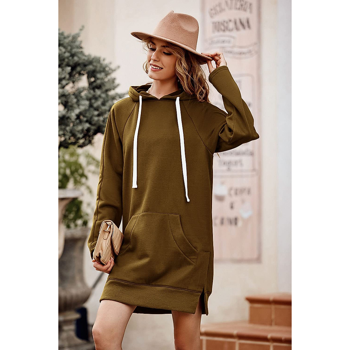 PRETTYGARDEN Women's Casual Pullover Sweatshirt Long Sleeve Split Hem Hoodie Dress with Kangaroo Pocket (Dark Khaki,X-Large)