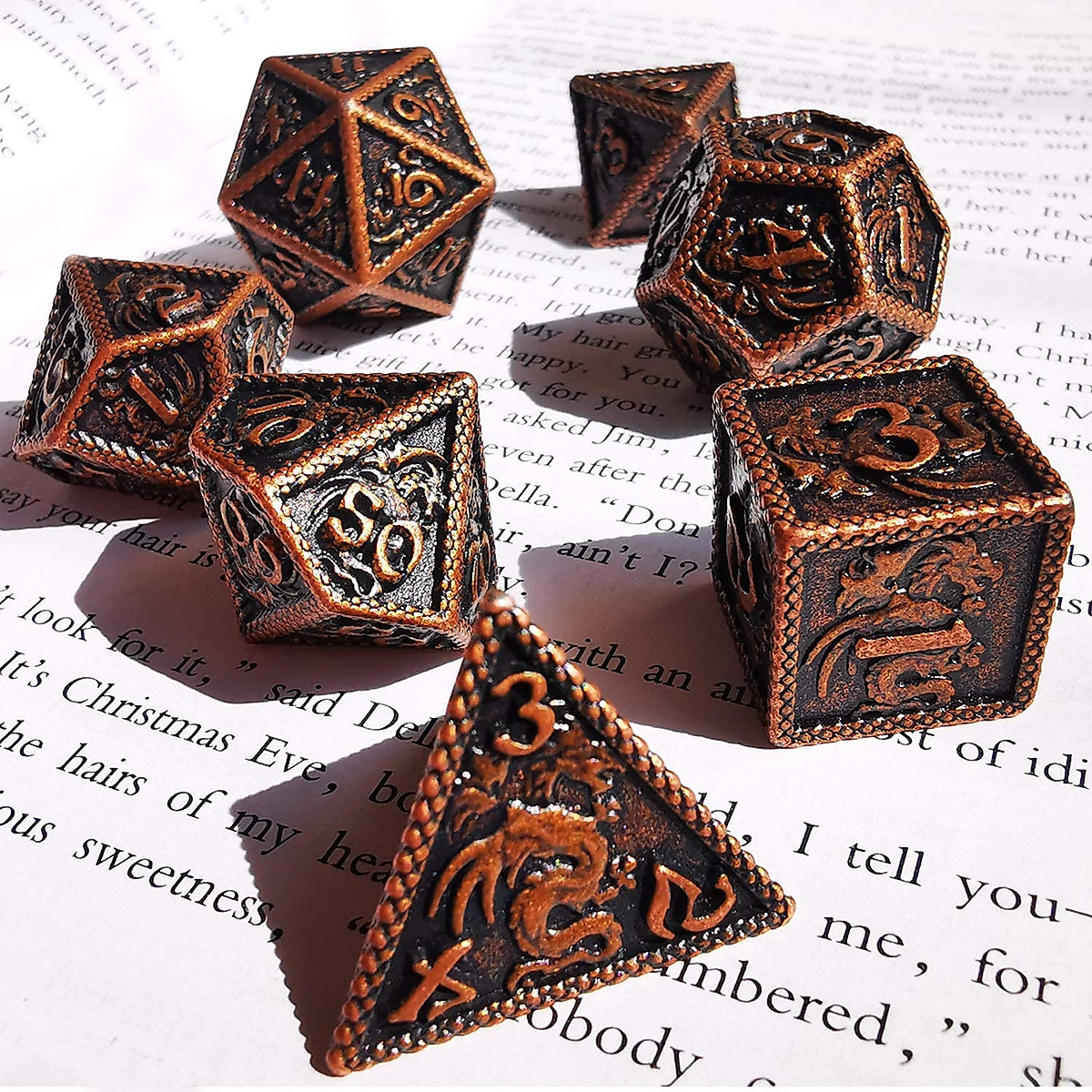 MJDICEOK Dragon Metal DND Dice Set 7 Role Playing Dice Solid D&D Dice Red Copper