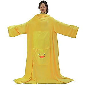Lee My Plush Wearable Blanket with Sleeves Pocket and Hat, Extra Long Warm Soft and Cozy Functional Cartoon Travel Blanket, Warm and Comfortable Travel Pillow and Blanket Set, duck-35x35cm/14x14in