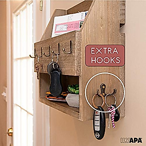 Ilyapa Key and Mail Holder for Wall - Mail Organizer Wall Mount with Shelf - Rustic White Wooden Decorative Wall Key Holder with 5 Metal Hooks | American Family-Owned Business
