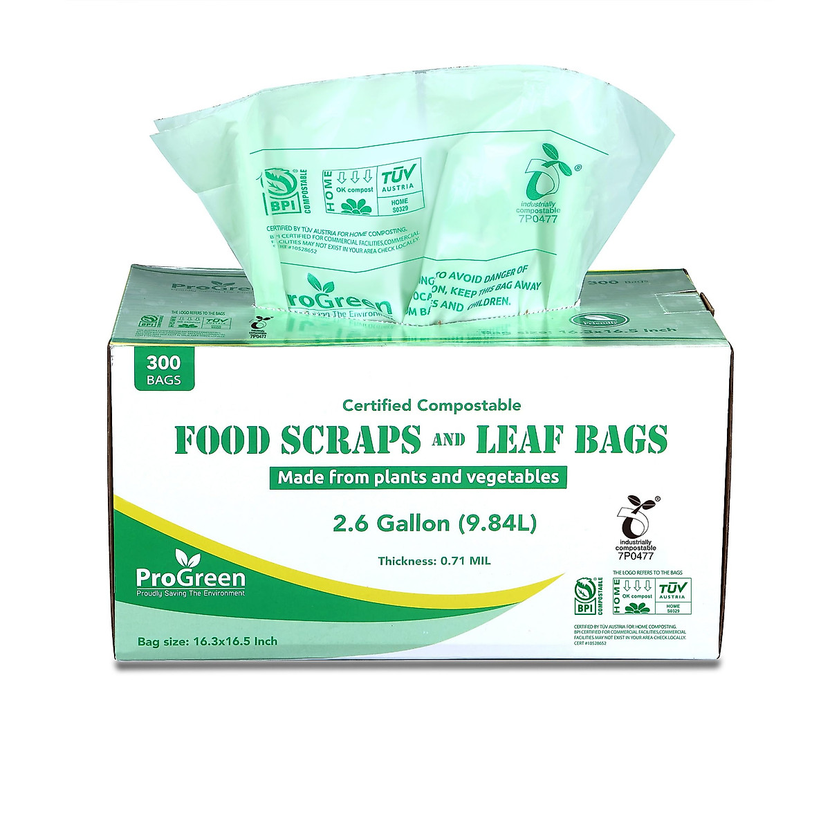 ProGreen Compostable Bags 2.6 Gallon, 300 Count, Extra Thick 0.71 Mil, Small Compost Kitchen Trash Bags, Food Scraps Yard Waste Bags, Compost ASTM D6400 BPI and TÜV AUSTRIA Certified