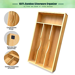 guiogc Bamboo Kitchen Drawer Silverware Organizer, 7 Inch Silverware Utensils Tray Holder for Small Drawer, Wood Caddy for Flatware Cutlery Knives 4-Slots