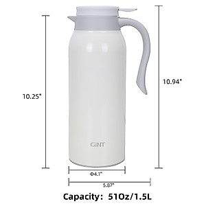GiNT 51 Oz Stainless Steel Thermal Coffee Carafe, Double Walled Vacuum Thermos, 12 Hour Heat Retention, 1.5 Liter Tea, Water, and Coffee Dispenser (Upgraded version White)
