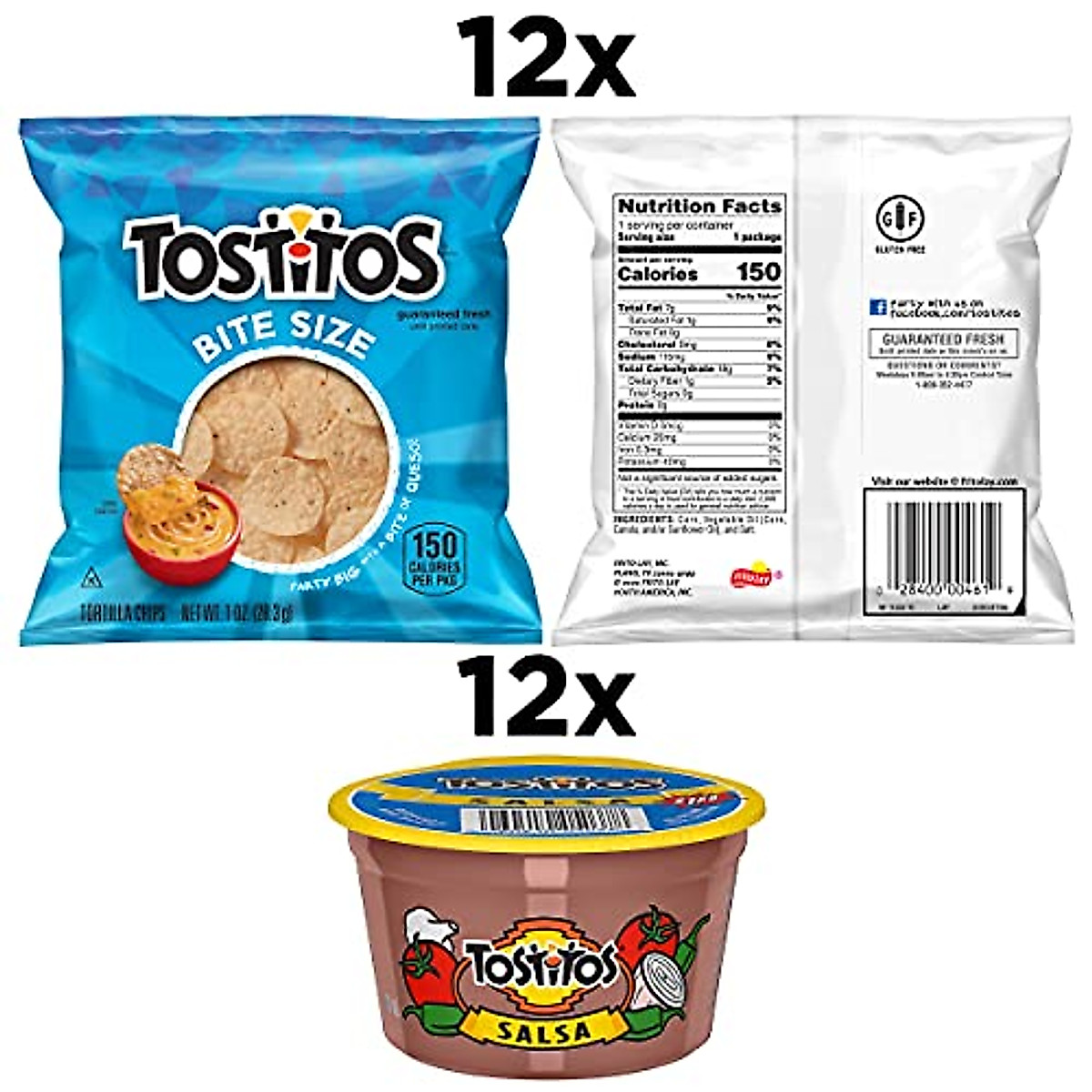 Frito Lay Tostitos Bitesize Rounds Chips and Salsa Dip Cups Variety Pack, (Pack of 24)