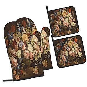 Elegant Vintage Floral Rose Victorian Heat Resistant Non-Slip Oven Mitts and Pot Holders for Kitchen Cooking Baking Grilling BBQ 4 Piece