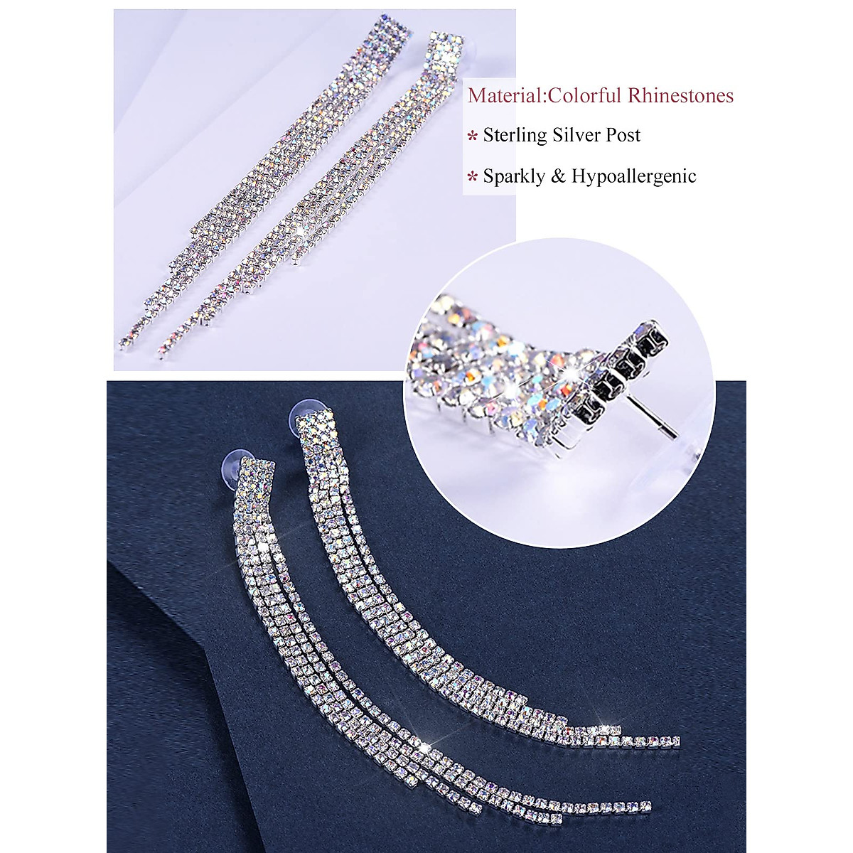 FOCALOOK Rhinestone Earrings for Women Sparkly Prom Earrings Long Dangle Drop Iridescent Earrings