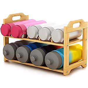 KOK KAY Water Bottle Organizer, Stackable Wine Rack Storage, 2 Layers Holds up to 10 Bottles, Adjustable Bamboo Water Bottle Storage Organizer Rack