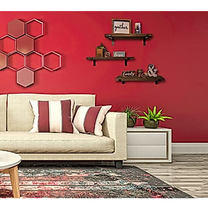 Ty Creations Wall Mounted Floating Shelves Set of 3, Rustic Wood Decorative Wall Storage Shelves with Metal L Bracket for Kitchen, Livingroom, Bedroom, Bathroom and Office