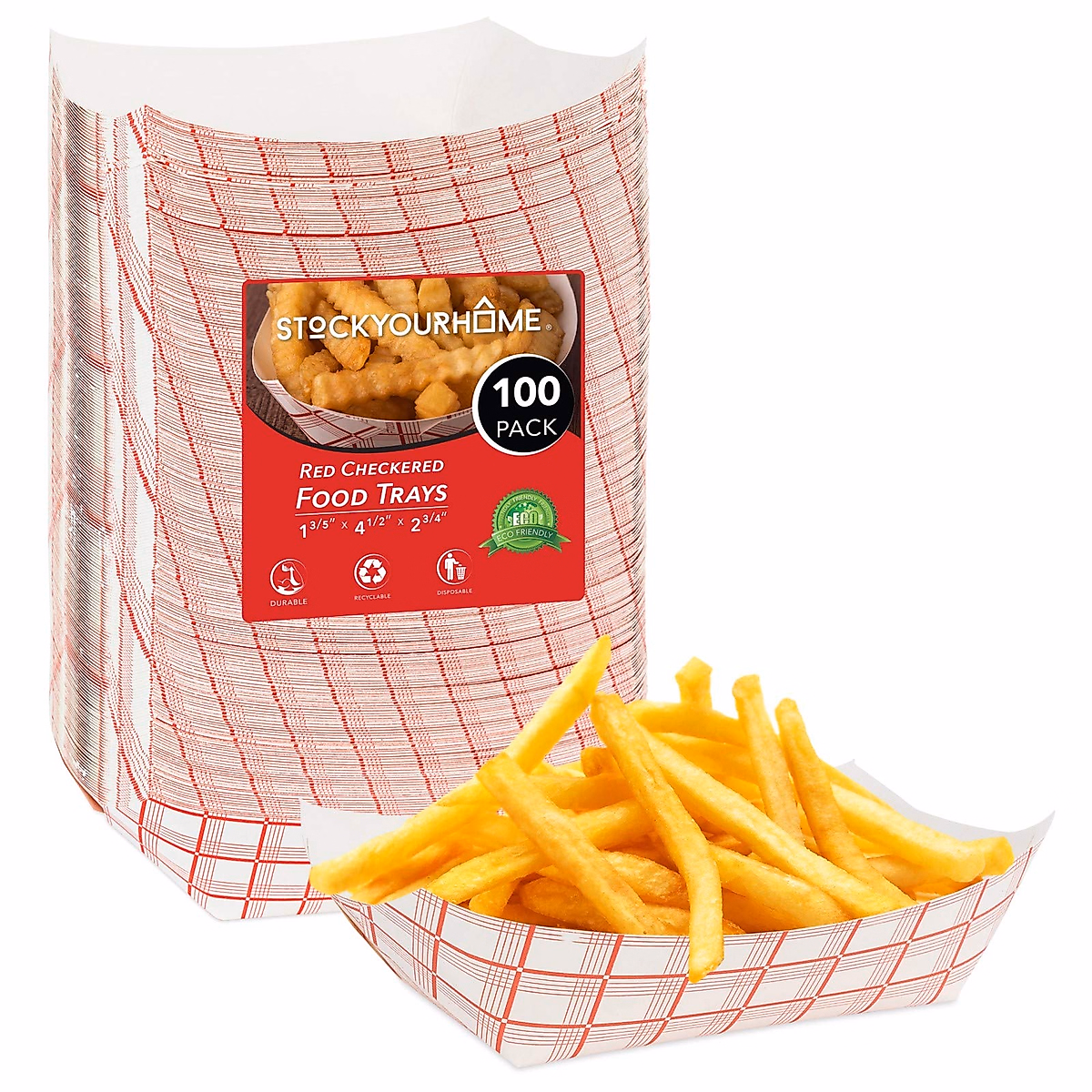 Medium Paper Food Boats (100 Pack) 2 Lb Disposable Red & White Checkered Paper Food Trays, Eco Friendly Paper Food Trays, Serving Boats for Concession Food & Condiments, Paper Nacho Trays 4.5" x 2.75"