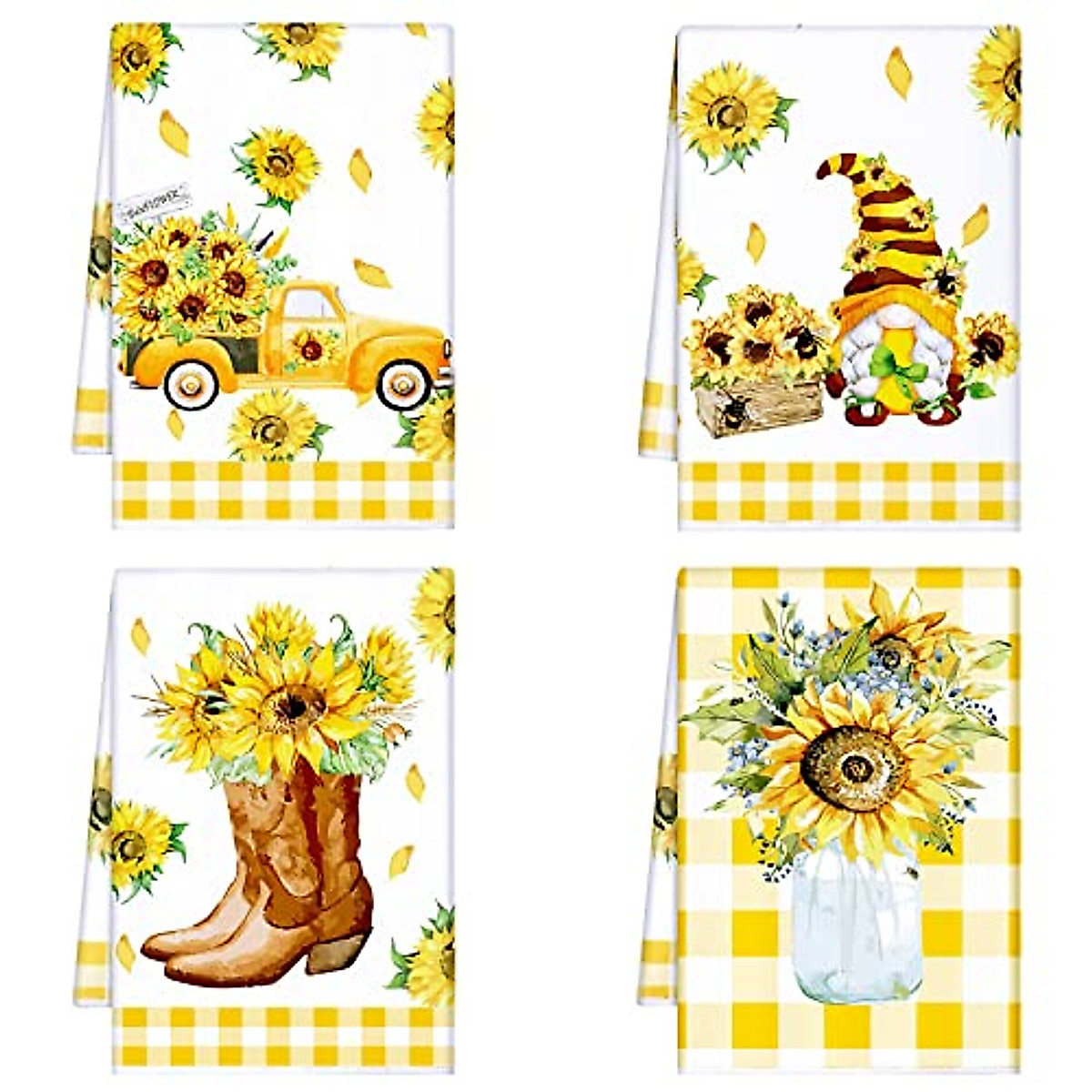 4 Pcs Kitchen Towels Sunflower Bee Dish Towels Decorative Absorbent Hand Polyester Towel with Hanging Loop for Kitchen Dishes Tea Towels for Home Housewarming Gifts Decor, 16 x 24'' (Yellow, Sweet)