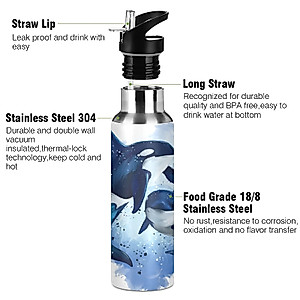 TropicalLife Insulated Water Bottle Watercolor Ocean Killer Whale Water Bottle with Straw Stainless Steel Bottle Vacuum Insulated Tumblers for School Sports