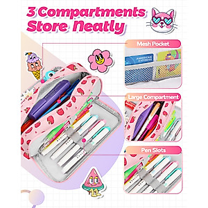 Bistup Pencil Case Pouch Pen Bag for School Cute Kawaii Girls Girly Cartoon Strawberry Teen Girls Zipper Pencil Pouches Large Stationary Bags 3 compartments with Lanyard+ID Badge Holder+Pen+Sticker