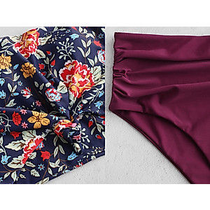 ZAFUL Women's Scoop Neck Tropical Leaf Knotted Two Pieces Tankini Set Swimsuit (4-Plum Pie, L)