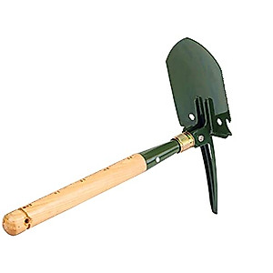 Mastiff Gears ® Wooden Handle Folding Survival Shovel w/Pick - Heavy Duty Carbon Steel Military Style Entrenching Tool for Off Road, Camping, Gardening, Beach, Digging Dirt, Sand, Mud & Snow