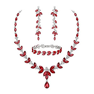 EVER FAITH Austrian Crystal Bridal Bridesmaid Jewelry Sets, Elegant Marquise Rhinestone Leaf Necklace Dangle Earrings Tennis Bracelet Set Red Silver-Tone