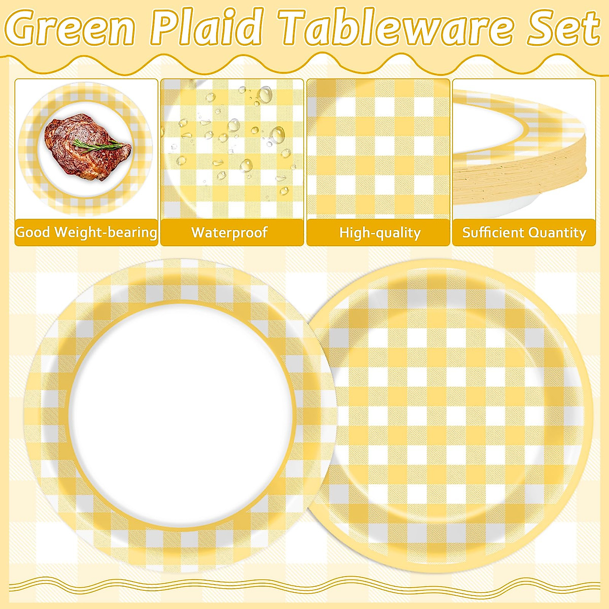 48Pcs Yellow Gingham Paper Dessert Plates Yellow and White Party Supplies Yellow Checkered Tableware Party Decorations Plaid Plates Dinnerware for Boys Girls Birthday Picnic Bride Shower Favor 7”