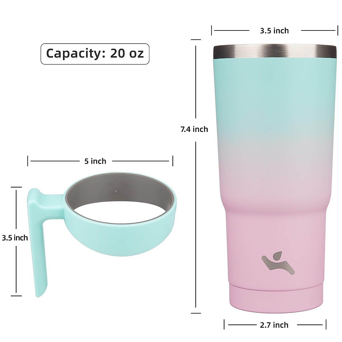 Konokyo 20 oz Tumbler with Handle and 2 Straw 2 Lid, Insulated Water Bottle Stainless Steel Vacuum Cup Reusable Travel Mug,Gum
