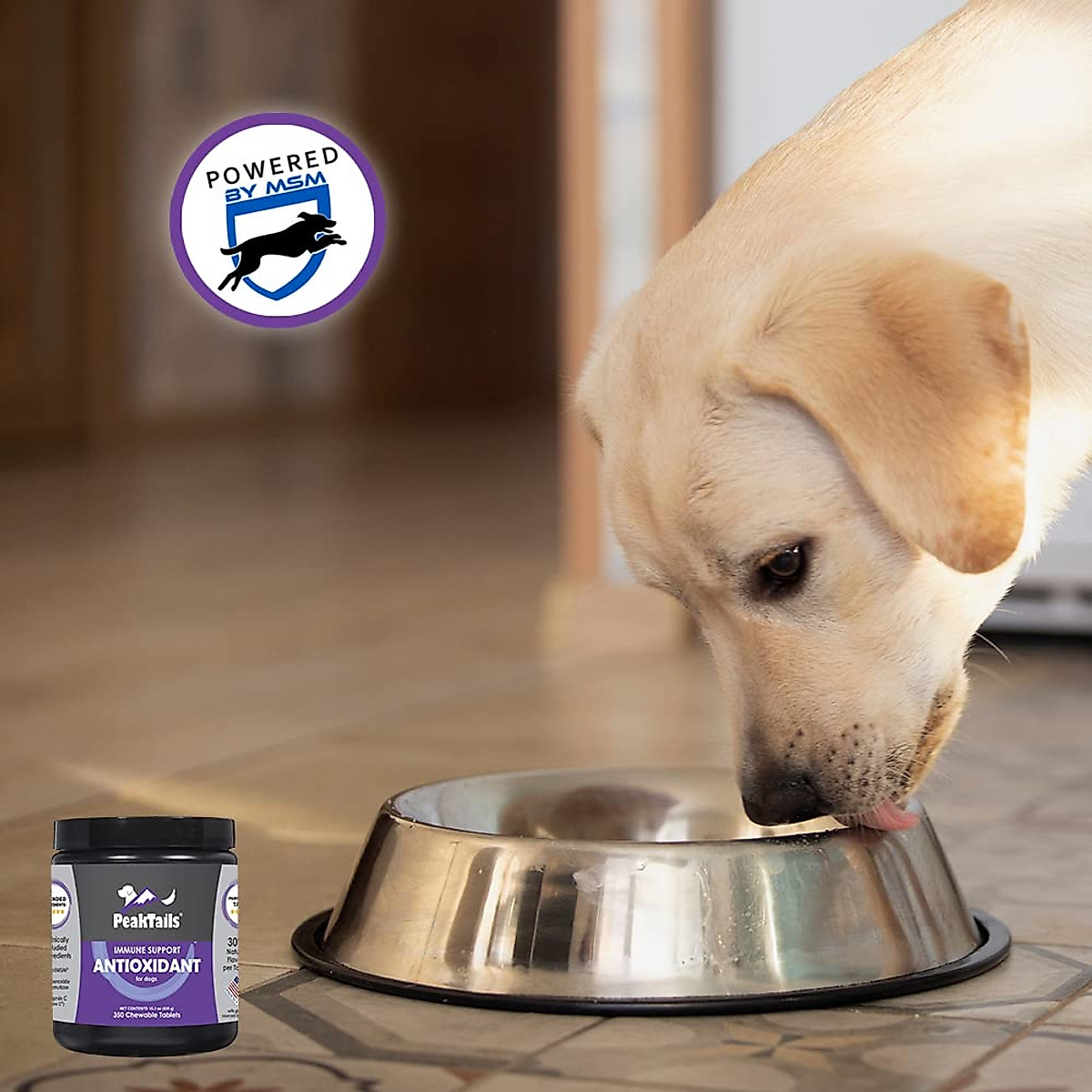 PeakTails Daily Defense Antioxidant Supplement for Dogs, Immune Support, Anti Itch & Skin Allergies, Contains MSM, Superoxide Dismutase, Selenium and Vitamin C & E, 350 Chewable Tablets, 350 Count