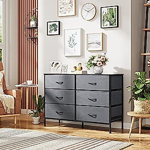 WLIVE Wide Dresser with 6 Drawers, TV Stand for 50" TV, Entertainment Center with Metal Frame, Wooden Top, Fabric Storage Dresser for Bedroom, Hallway, Entryway, Dark Gray