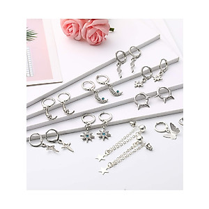 12 Pairs Dangle Hoop Earrings Aesthetic Huggie Earrings with Charms Small Drop Pendant Hoop Earrings for Women (Silver)