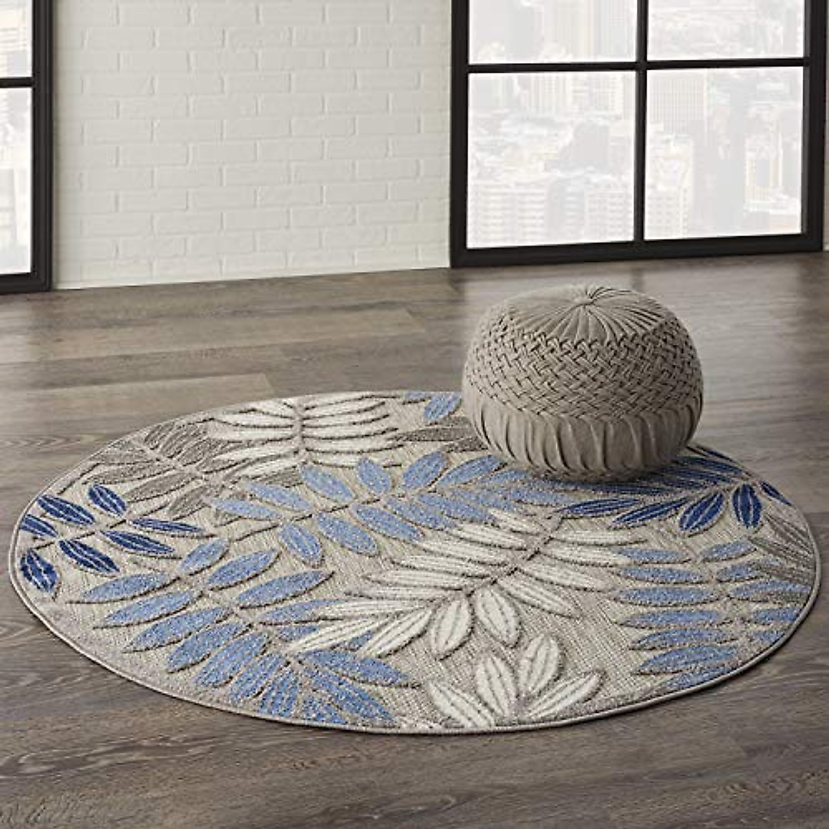 Nourison Aloha Indoor/Outdoor Grey/Blue 5'3" x Round Area Rug, Easy Cleaning, Non Shedding, Bed Room, Living Room, Dining Room, Backyard, Deck, Patio (5 Round)