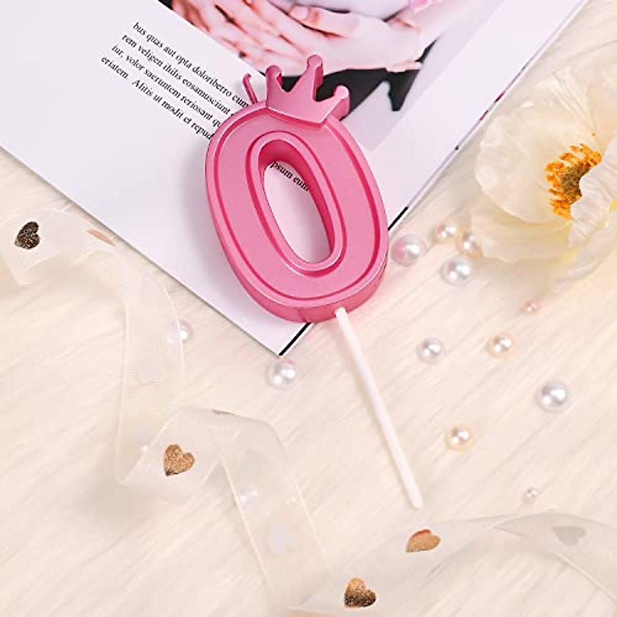 3 Inch Birthday Number Candle, 3D Number Candle with Crown Decor Large Cake Topper Number Candles for Birthday Cakes Wedding Anniversary Graduation Festival Party (Pink, 0)