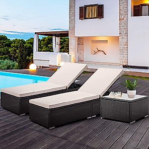 Koruiten 3 Pcs Outdoor Lounge Chair, All-weather PE Rattan Patio Chaise Lounge Chair Set of 2, Wicker Poolside Lounge Chair with Coffee Table (Espresso-Beige)