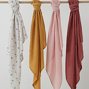 POMISO Muslin Swaddle Blankets for Boys & Girls, Soft Breathable Swaddling Blankets, Large 47" X 47" inches Baby Muslin Swaddles, 4 Pack Red Berries/Earthy Colors