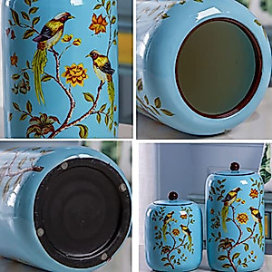Blue Ceramic Cylinder Vase Ginger Jar with Lid for Home Decor, Floral Bird Temple Jar Vase Traditional Porcelain Dried Flower Vases Gift Jar Decoration for Living Ro S